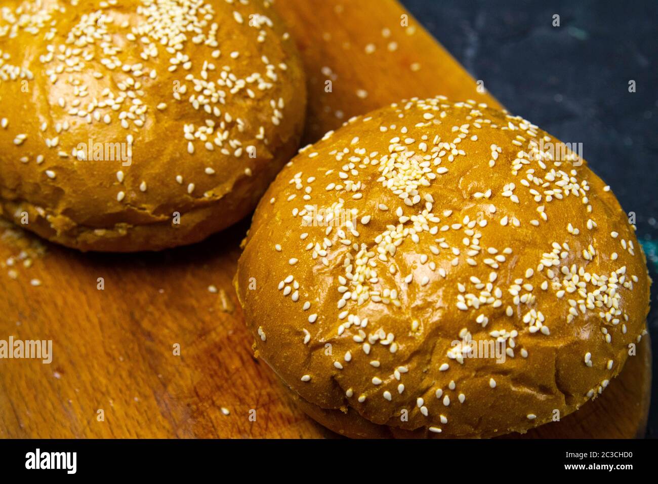 Sesame buns baked especially for homemade burgers. Top views Stock ...