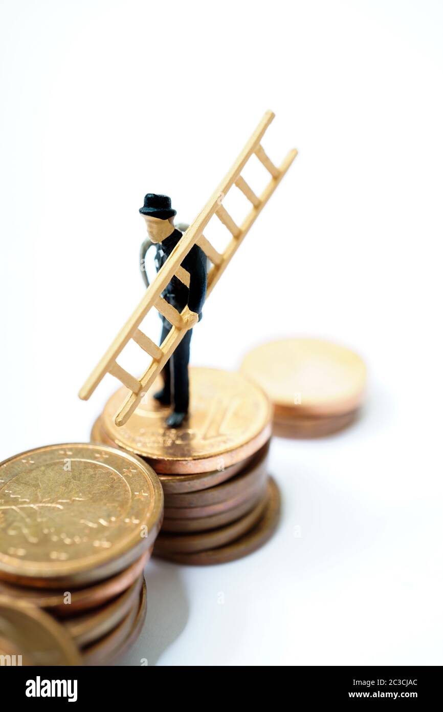 Lucky charm, chimney sweep with ladder stands on coins as a symbol of ...
