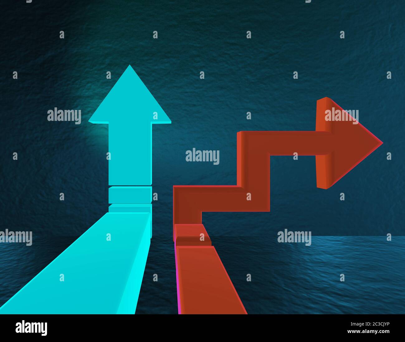 Road arrows at crossroads in difficult choice concept - 3d rende Stock ...