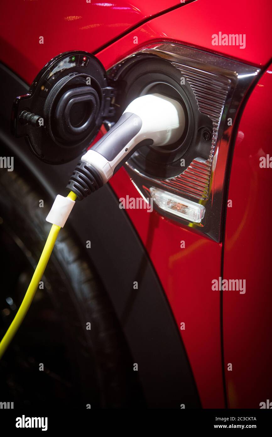 Close up image of the power socket of an electric car, charging Stock ...