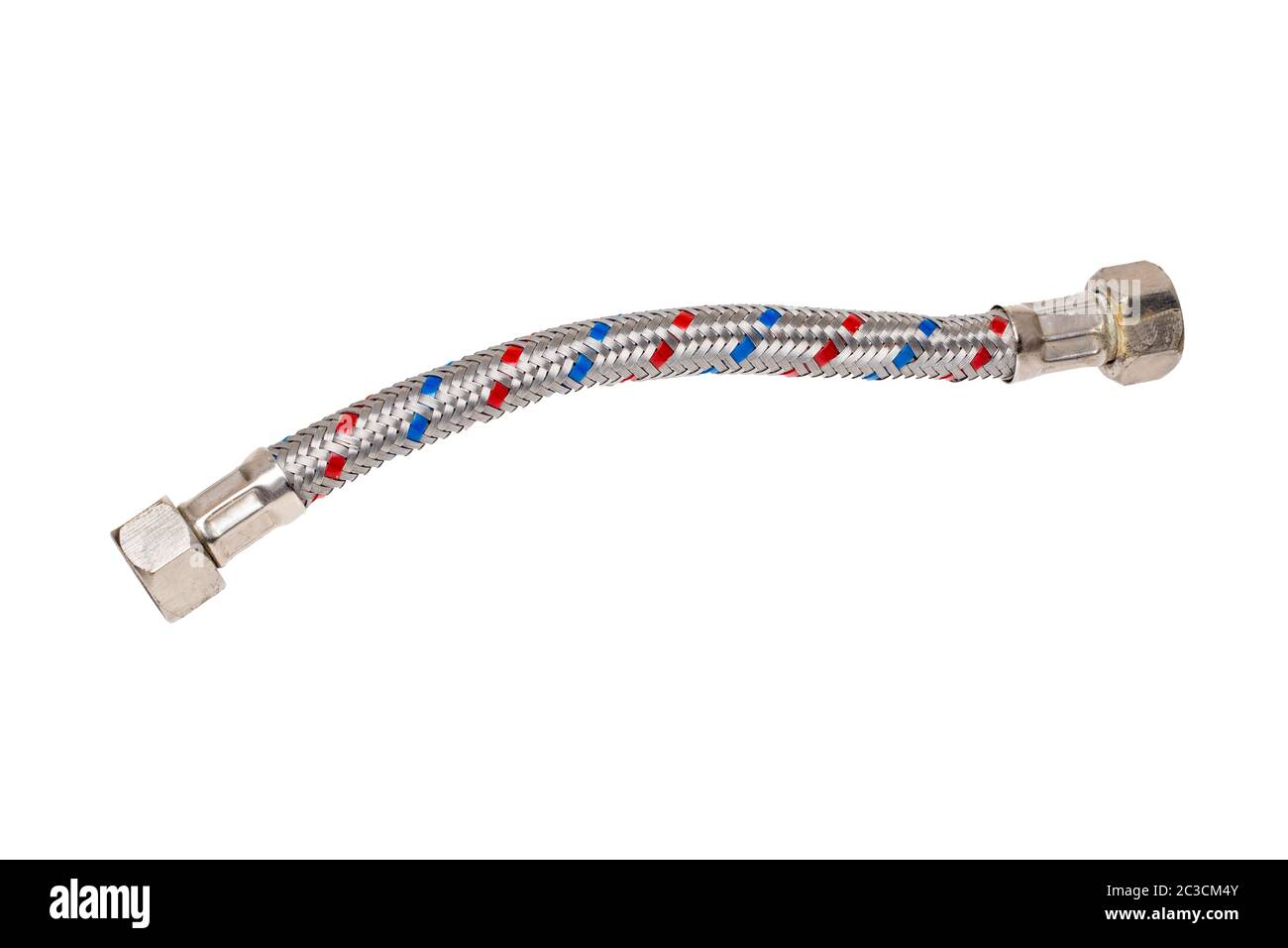 Flexible water hose. Close-up of a metal braided flexible water hose ...