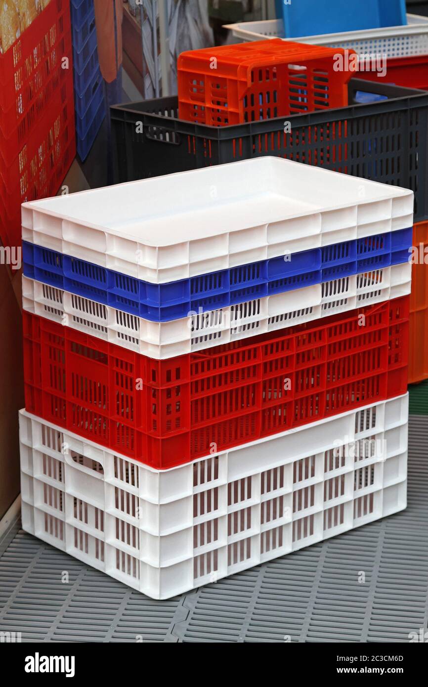 Plastic boxes and crates for shipping transportation Stock Photo - Alamy