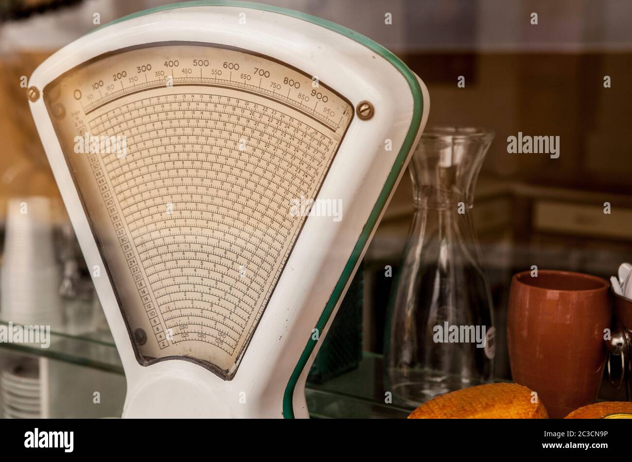 Old white vintage scale on store, Portugal Stock Photo - Alamy