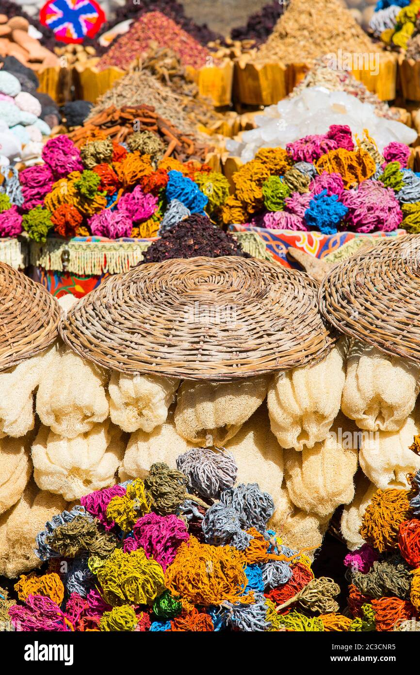 Colored natural pumices stones and dried marine algae at the stand on ...
