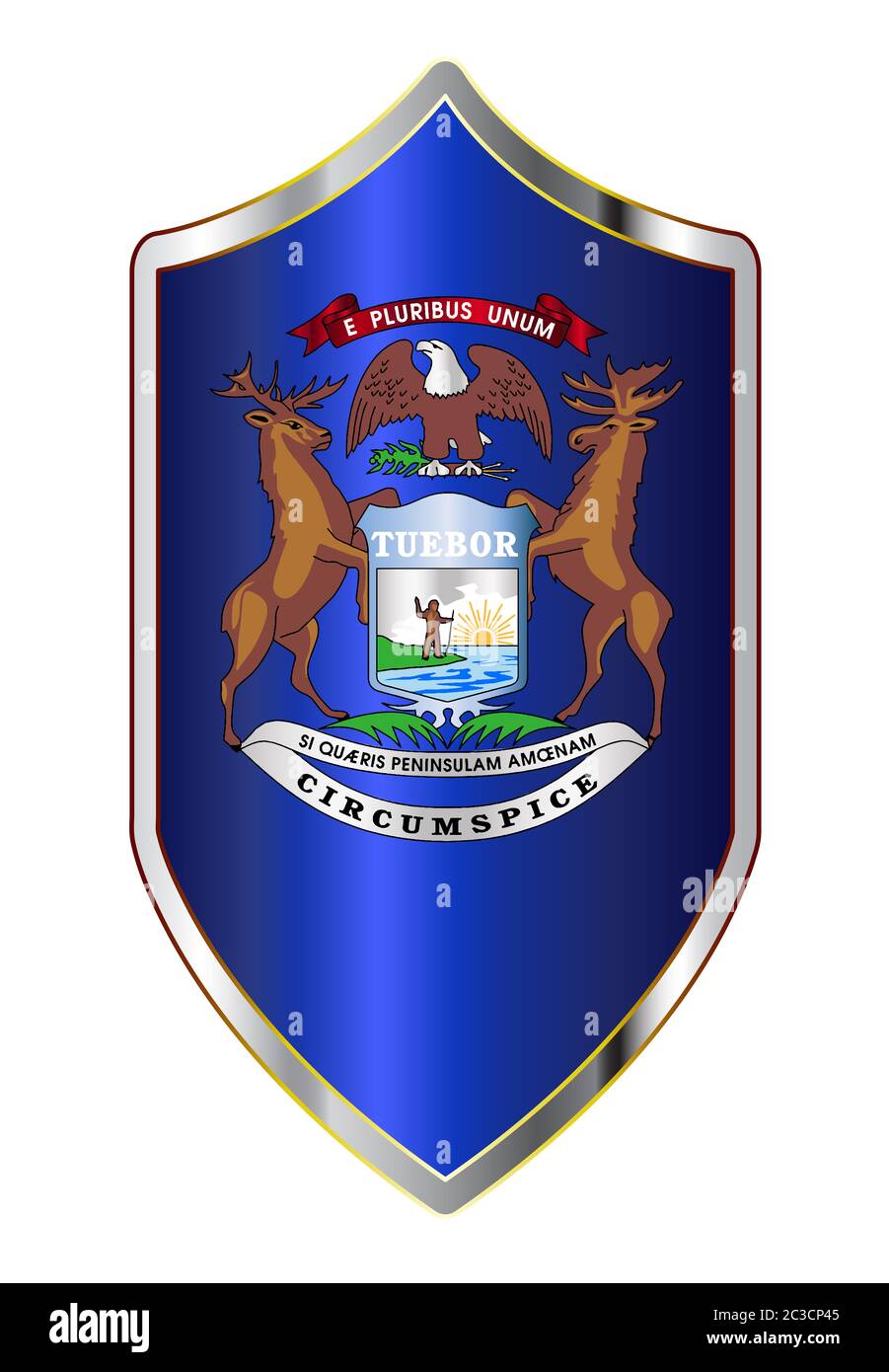 A typical crusader type shield with the state flag of Michigan all ...