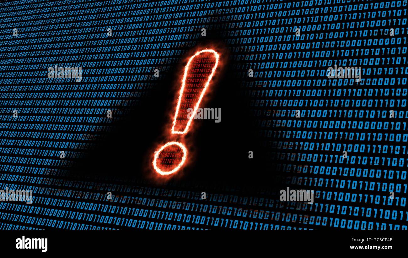 Binary code background in blue colour - burning exclamation mark on ...