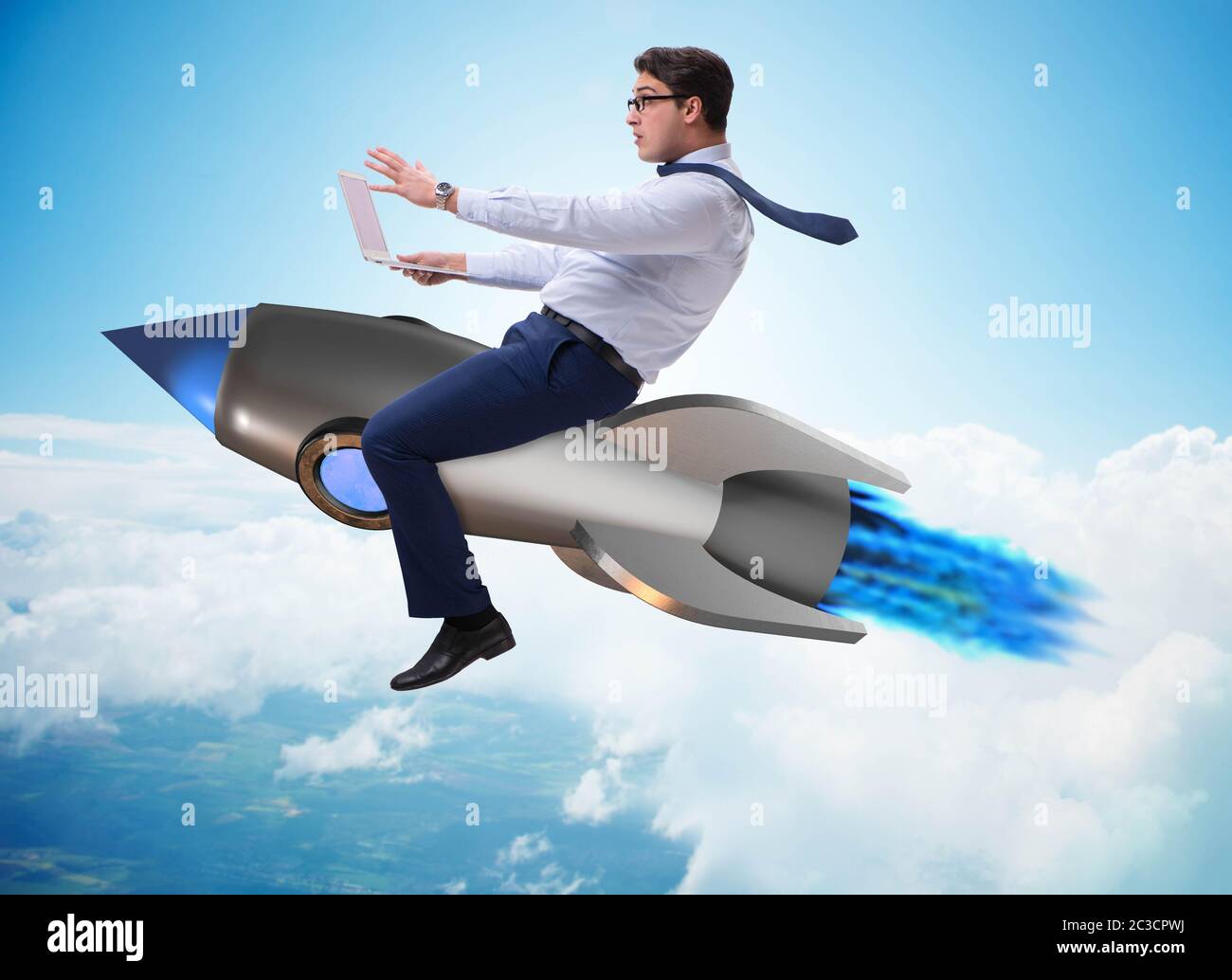 Businessman flying on rocket in business concept Stock Photo - Alamy