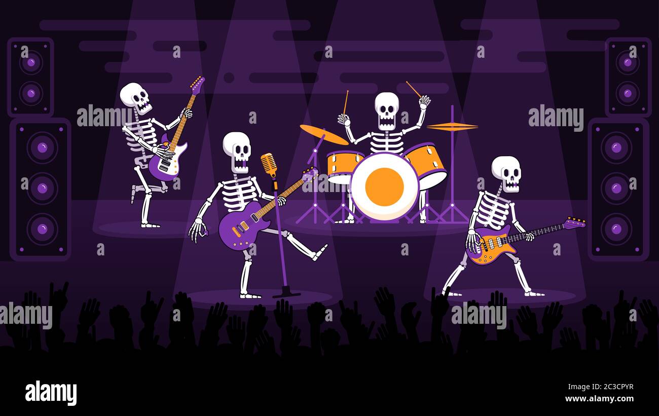 Rock band of skeletons with electric guitars and a drummer performs on ...