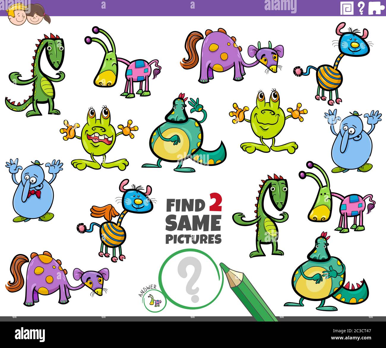 find two same fantasy characters task for kids Stock Photo - Alamy