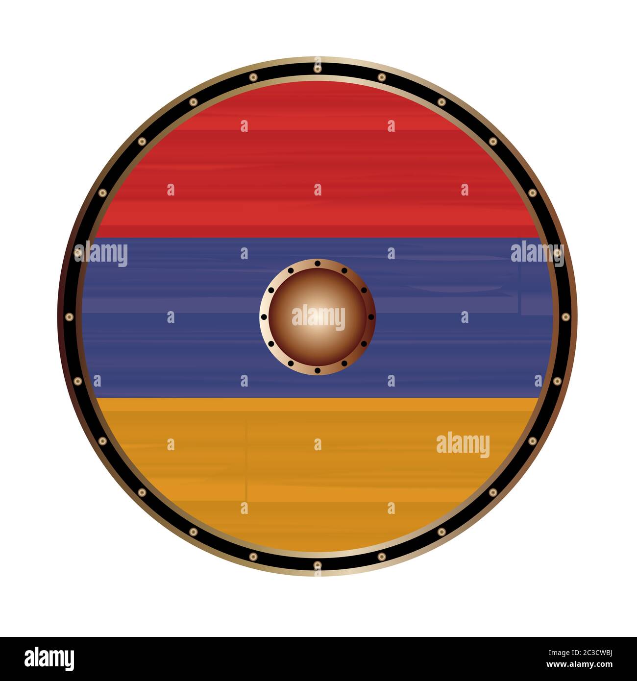 A Viking round shield with the Armenia flag color design isolated on a ...