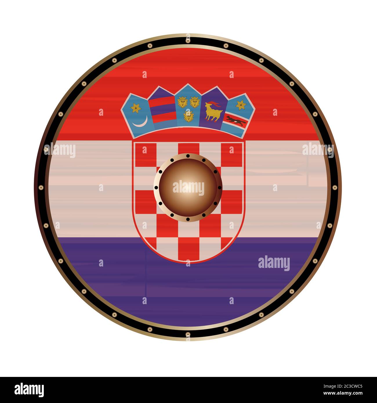 A Viking style round shield with the Croatian flag color design ...