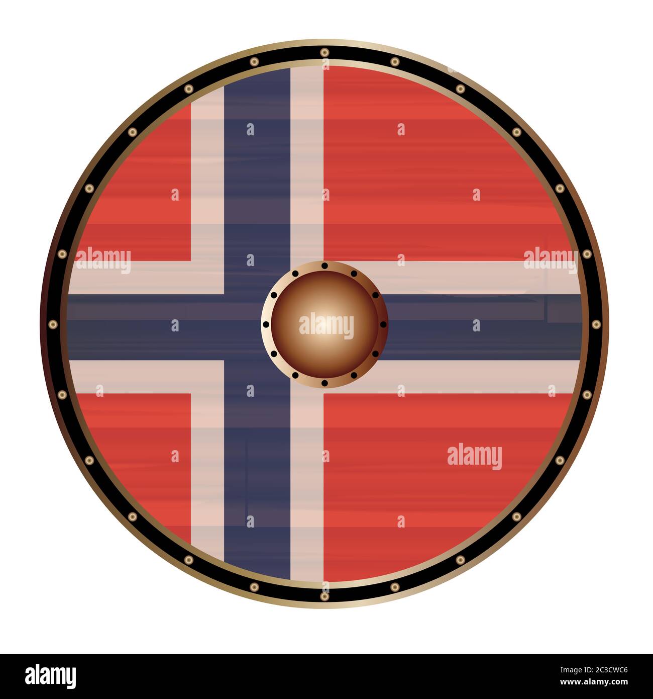 A Viking round shield with the Norwegian flag color design isolated on ...