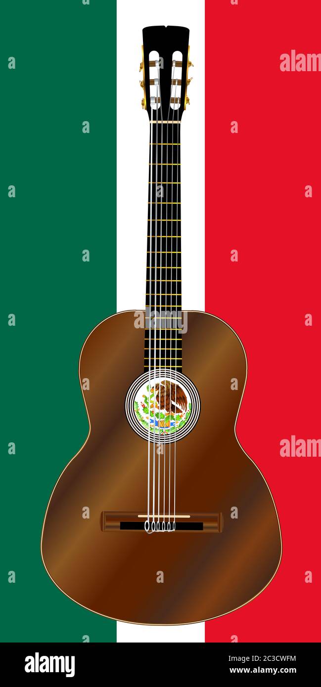 A typical Flamenco Spanish acoustic guitar set on the Mecican flag ...