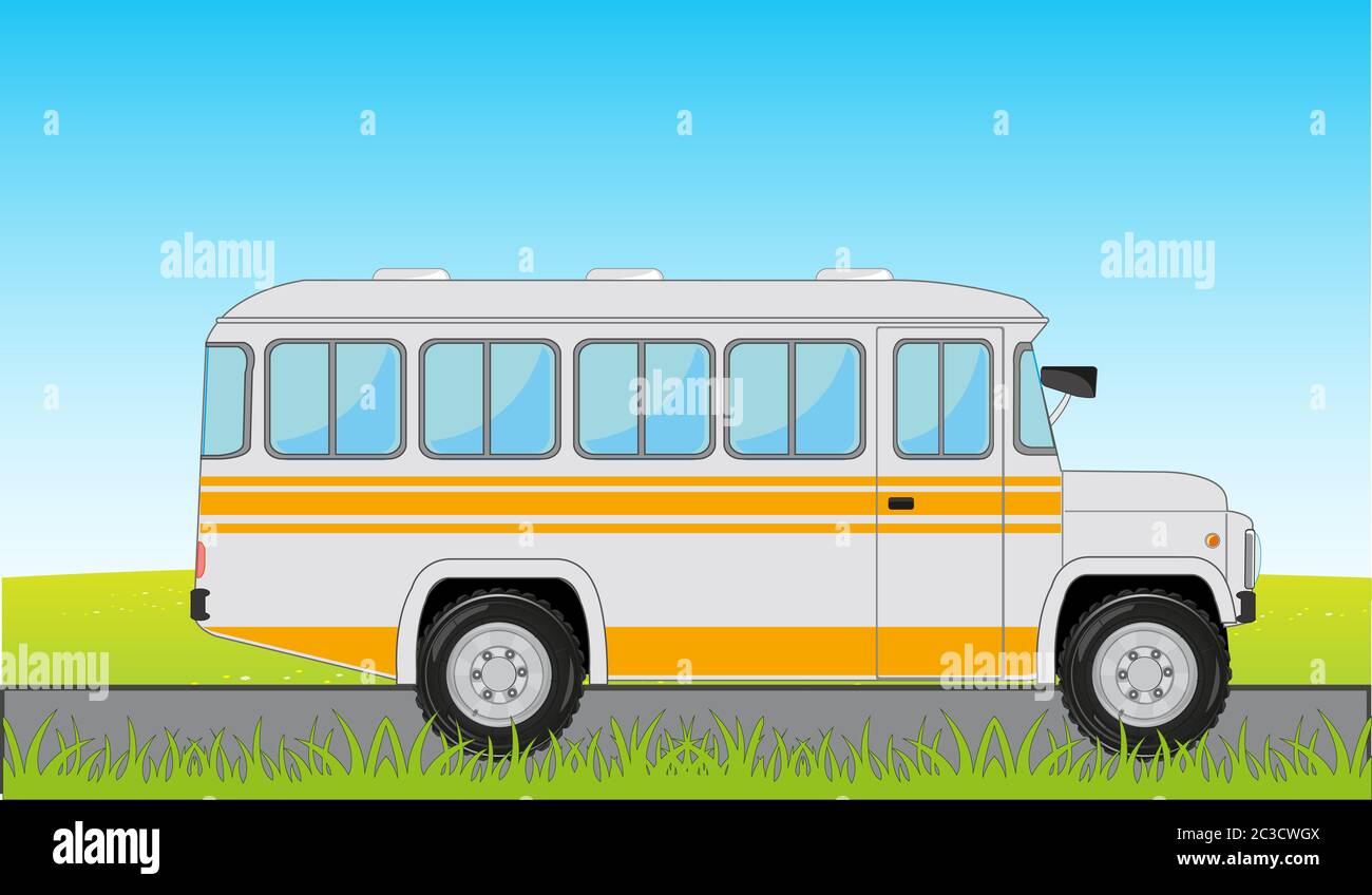 Vector illustration of the bus moving on road on background of the ...