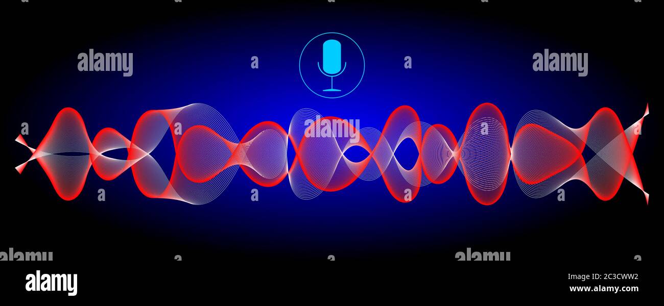 Voice Recognition with a microphone and red and white sound waves â ...