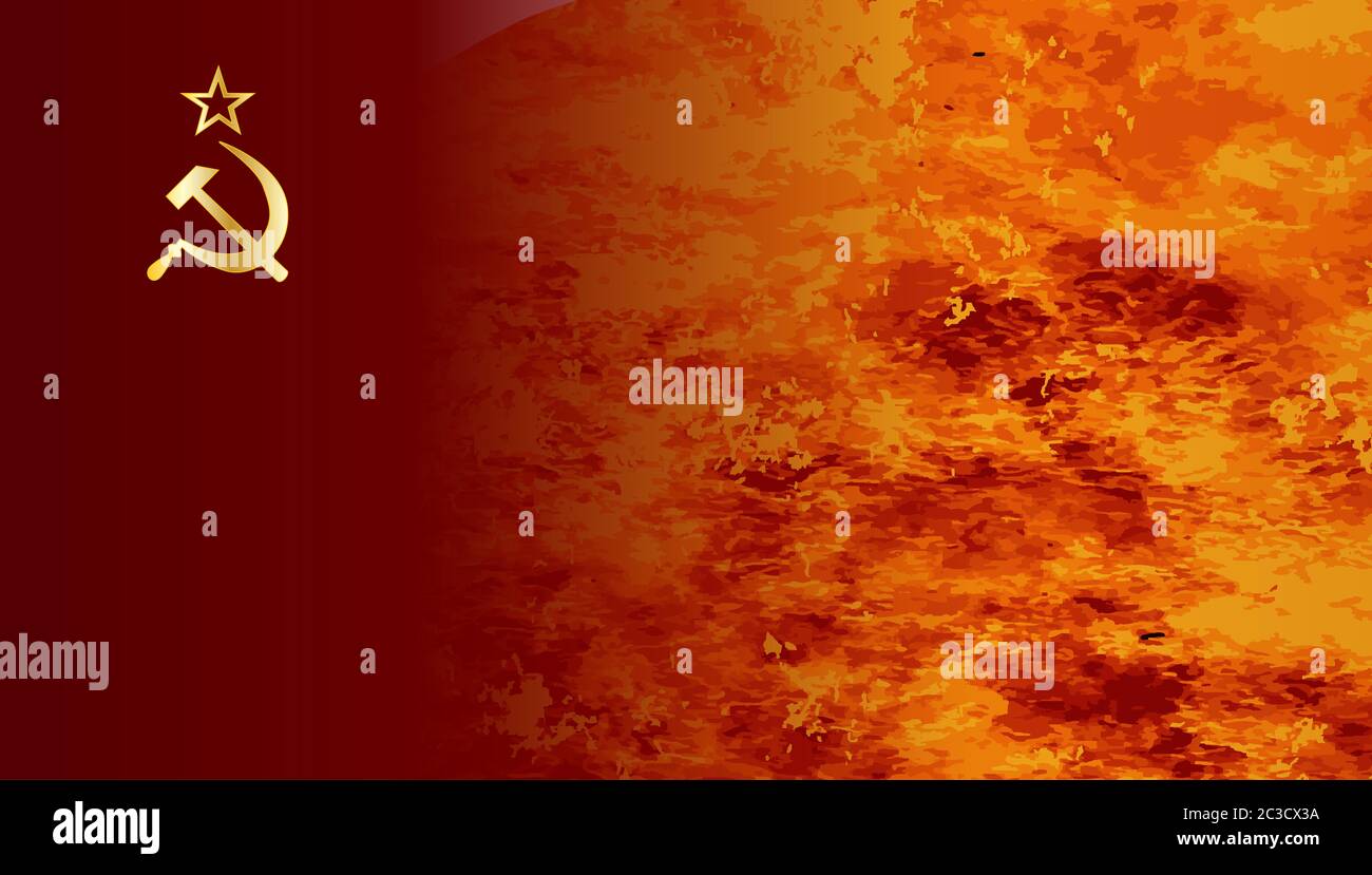 Hammer and Sickle in gold set on a Soviet Russian Flag fade to flames ...