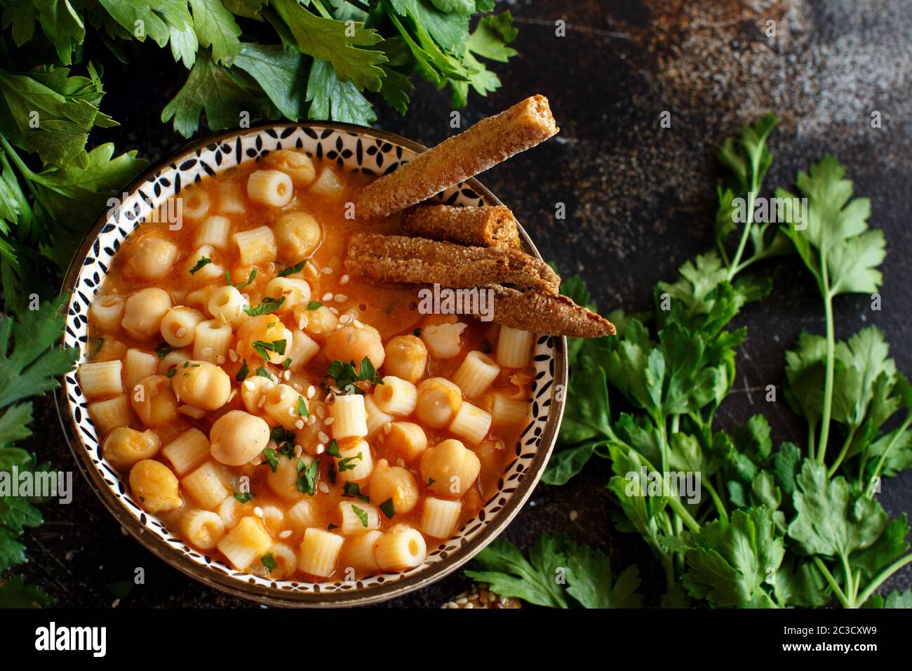 Ditalini pasta with chickpeas italian recipe top view Stock Photo - Alamy