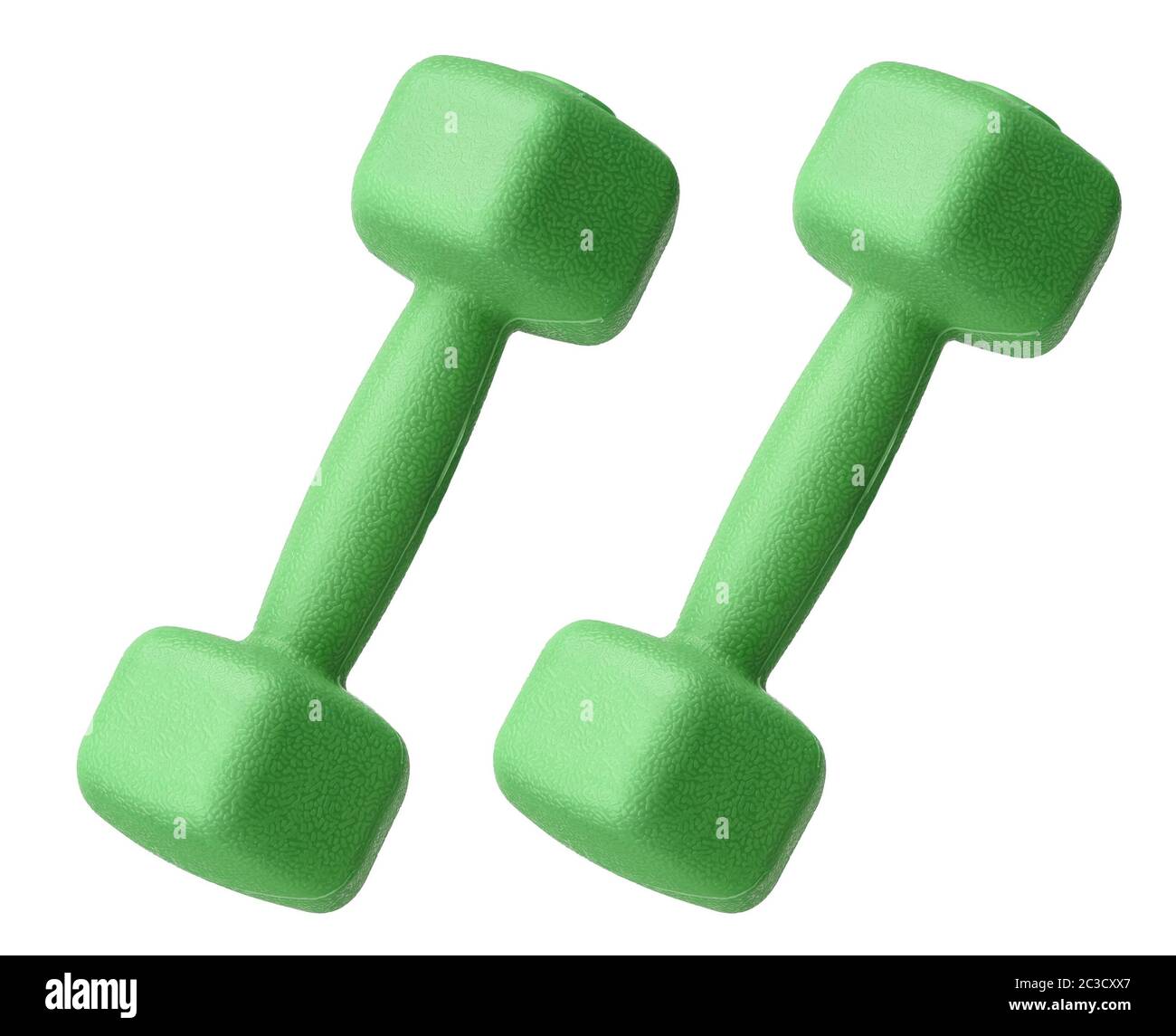 green plastic dumbbell for sports isolated on white background, close ...