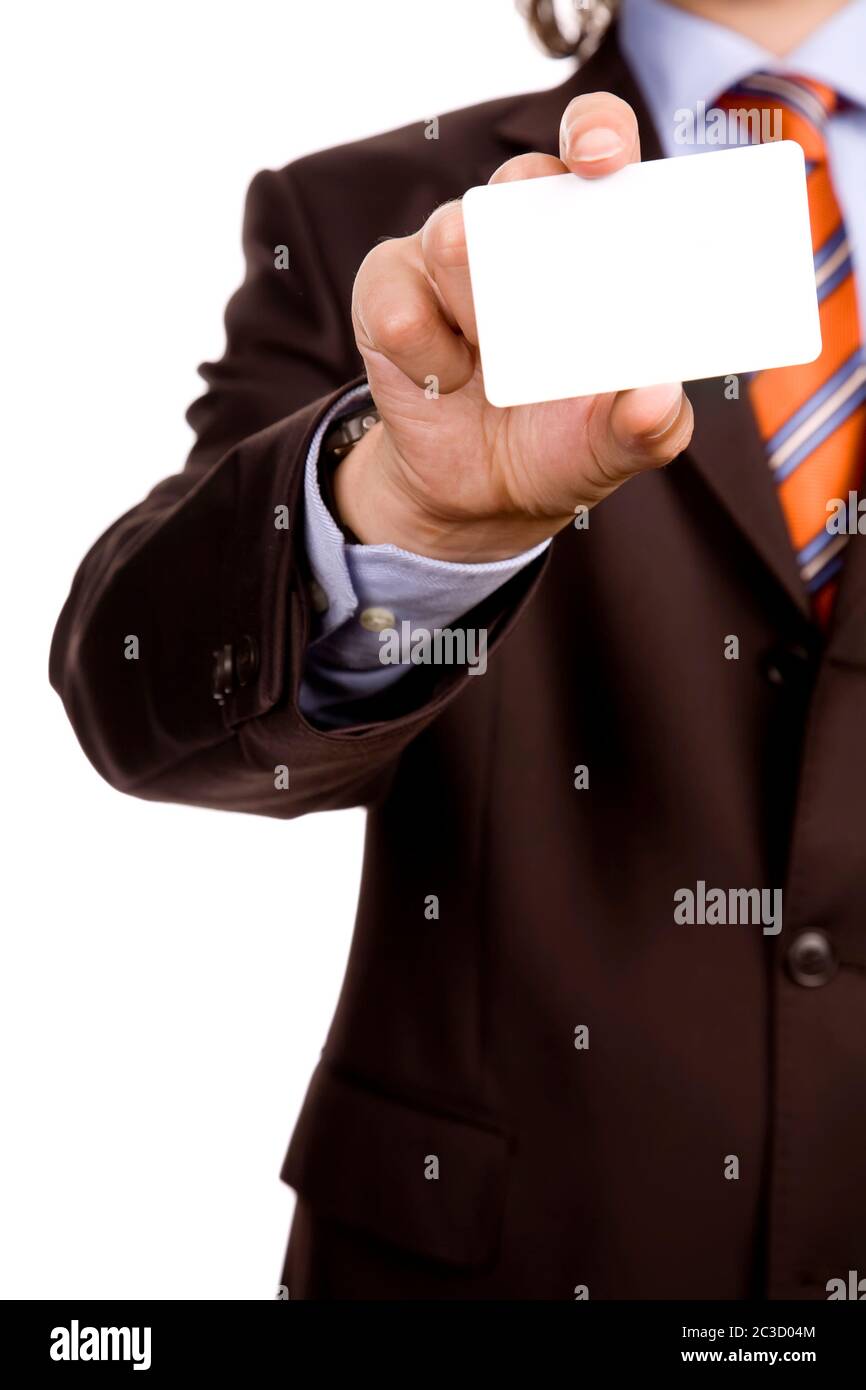 Hand of businessman offering businesscard on white background Stock ...