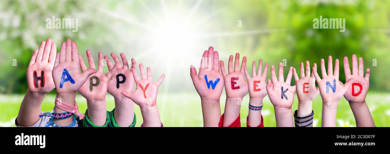 Children Hands Building Colorful Word Happy Weekend. Green Grass Meadow ...