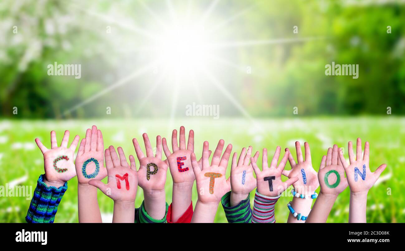 Children Hands Building Colorful Word Competition. Green Grass Meadow ...