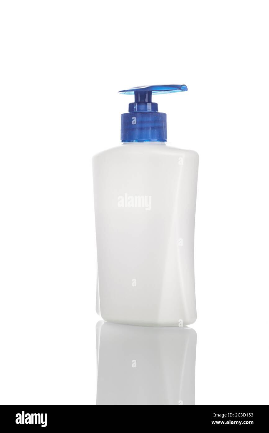 white container for liquid soap or shampoo with a blue cap-dropper ...