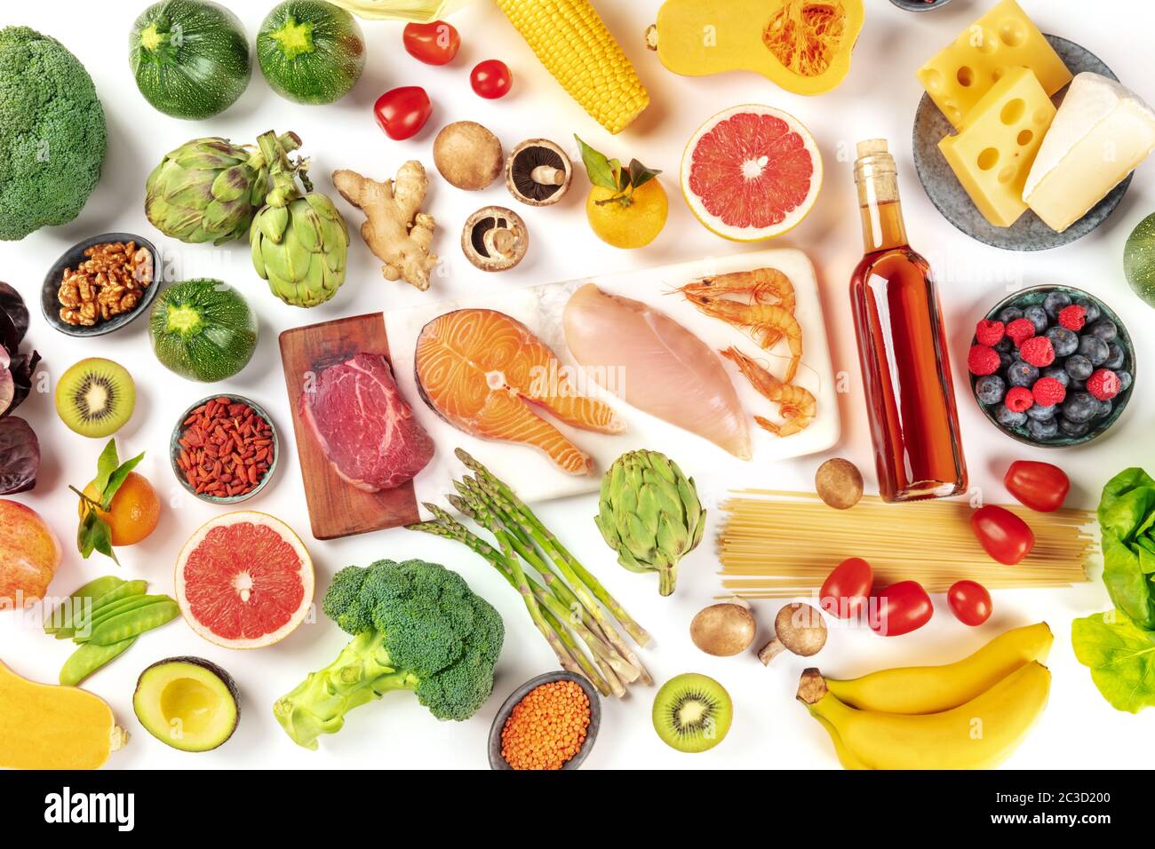 Food assortment, a flat lay of various products, with meat, fish ...