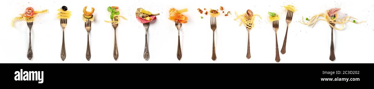 Italian food collage. Pasta design elements. Many forks with pasta and ...