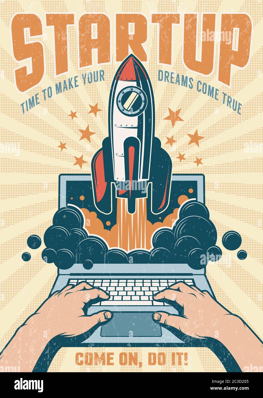 Vintage startup poster with rocket taking off from an open laptop Stock ...