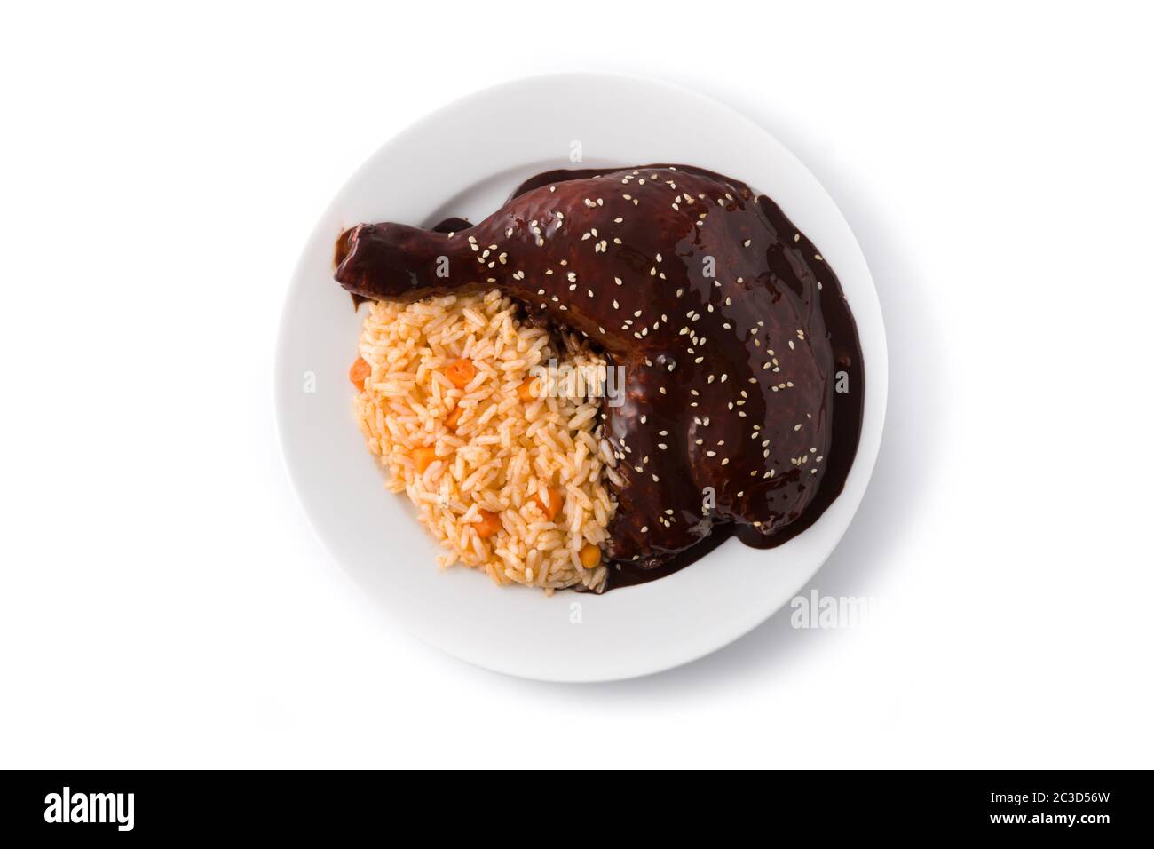 Traditional mole Poblano with rice plate isolated on white background ...