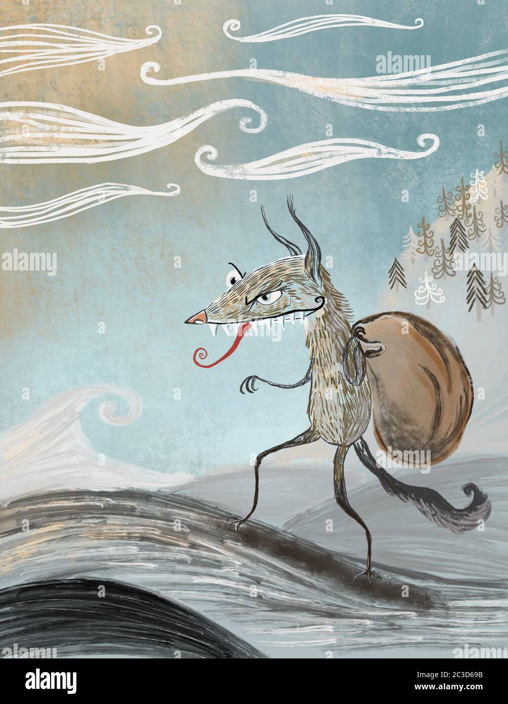 wolf carrying a sack childrens illustration Stock Photo - Alamy