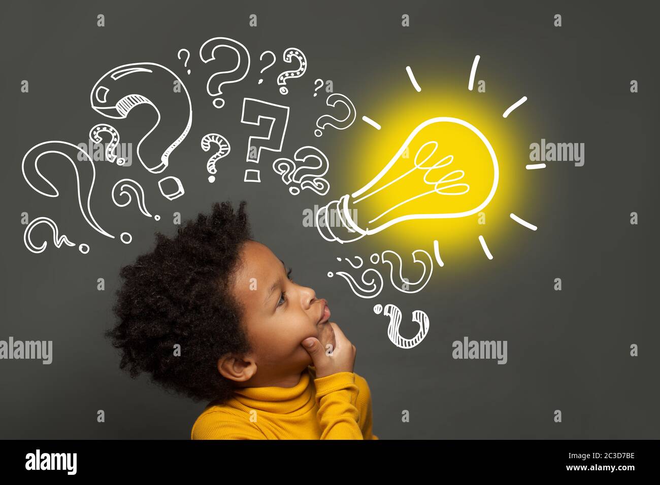 Thinking child and light bulb, brainstorming and idea concept Stock ...