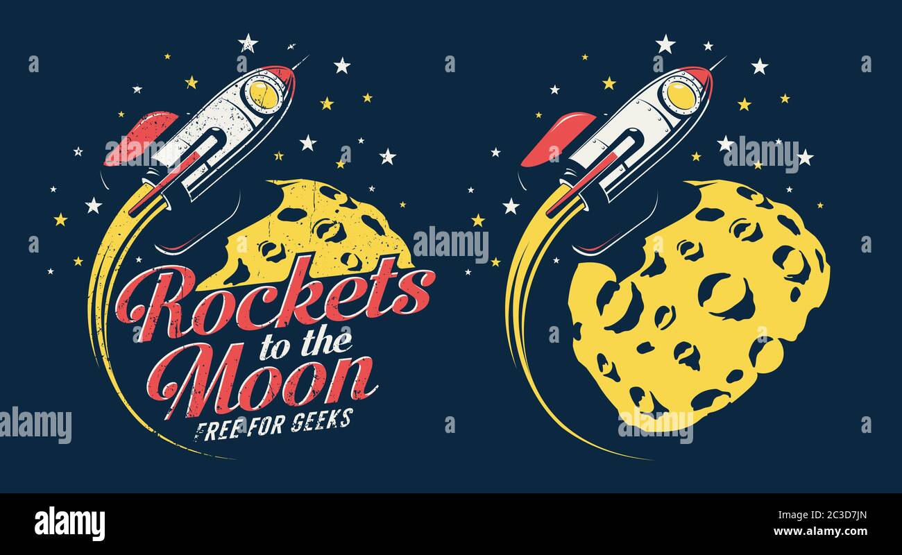 Space rocket flying around the planet with craters - retro emblem ...