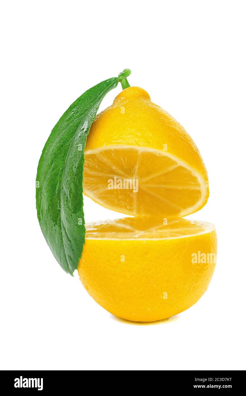 yellow lemon cut into two parts with a leaf isolated on a white ...