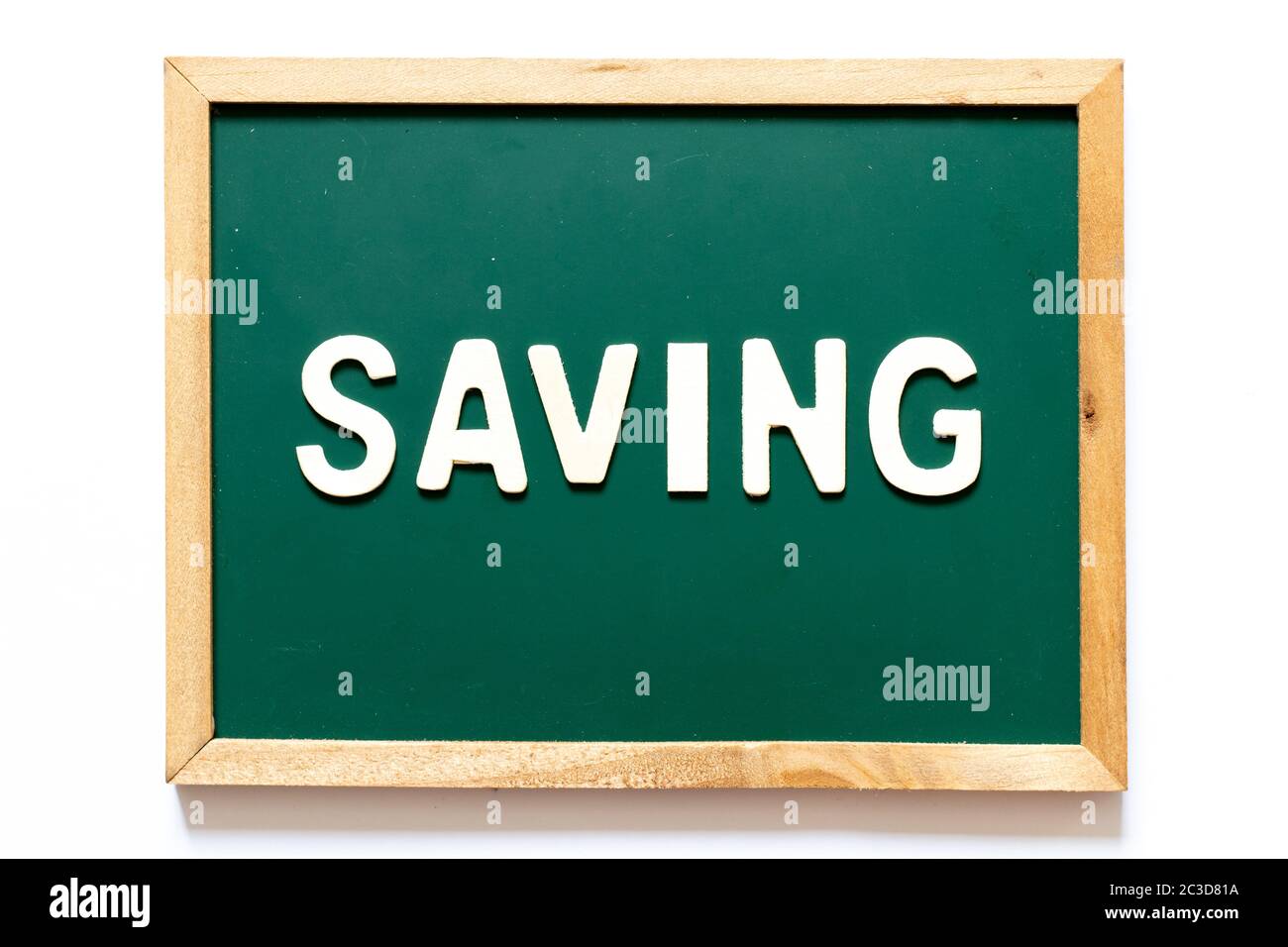 Green blackboard and wood frame with word saving on white background ...