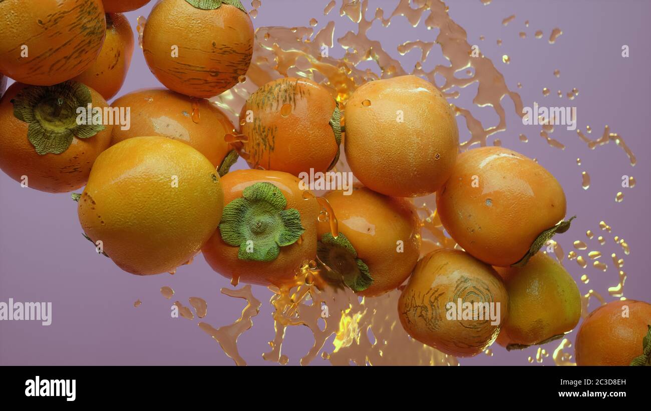 Fresh persimmons in water splash over purple background Stock Photo - Alamy