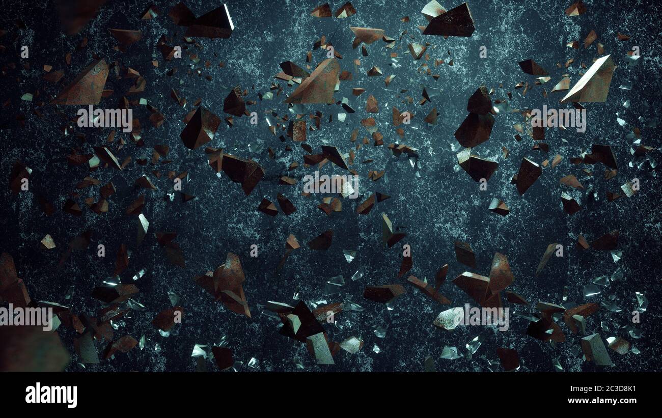 Rock stone and glass broken splash explosion isolated on dirty ...