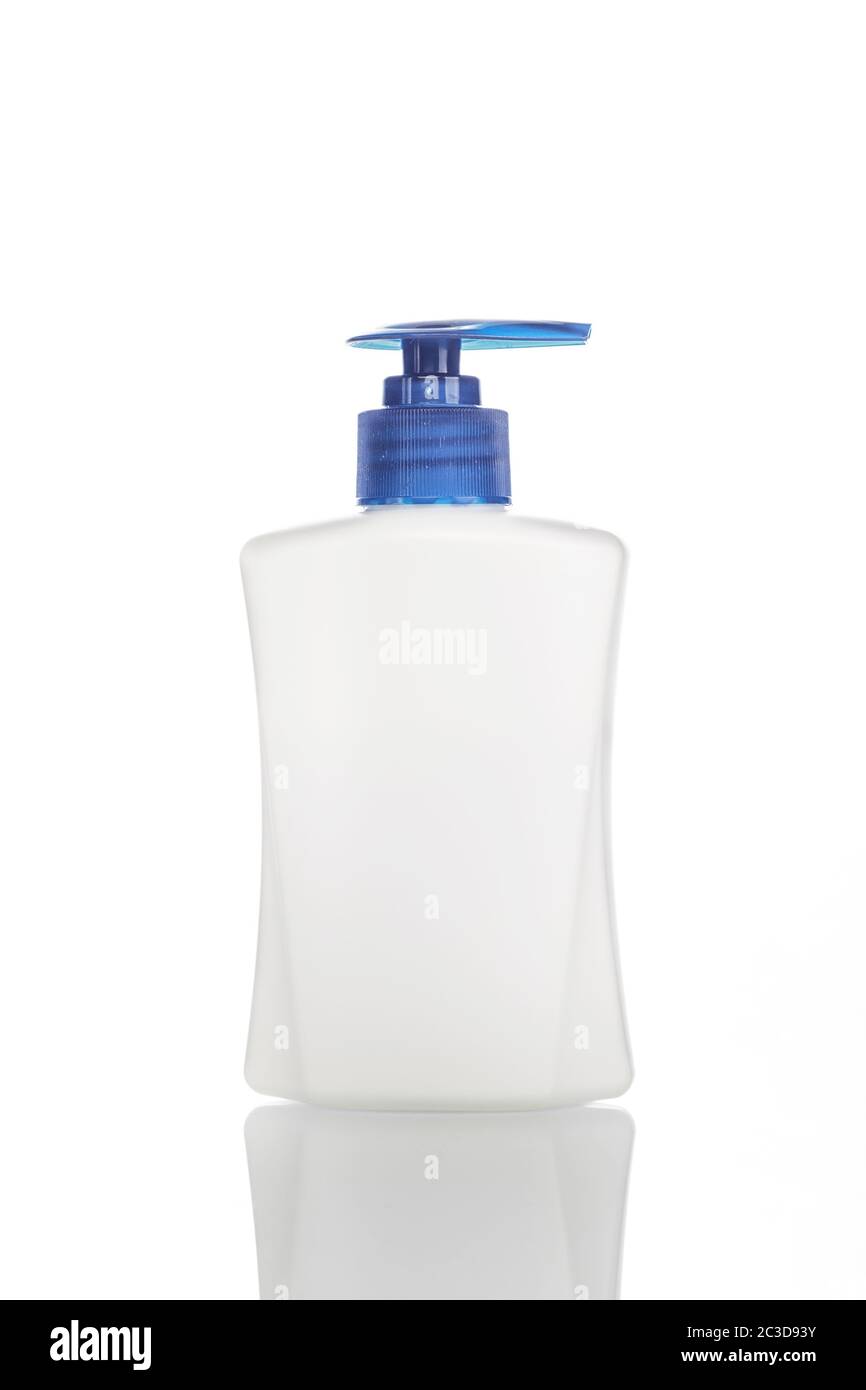 white container for liquid soap or shampoo with a blue cap-dropper ...