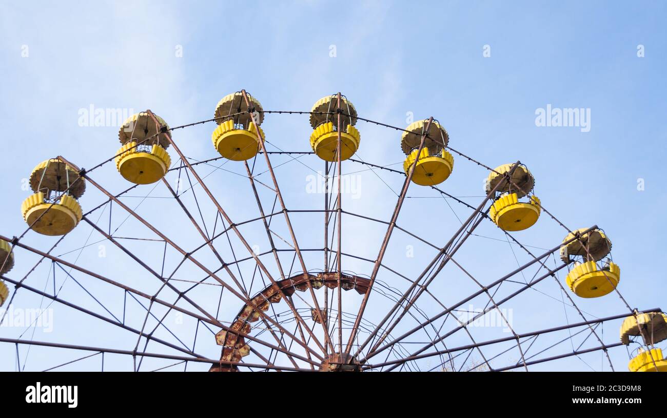 cabins old carousel wheel in an abandoned amusement park in Chernobyl ...