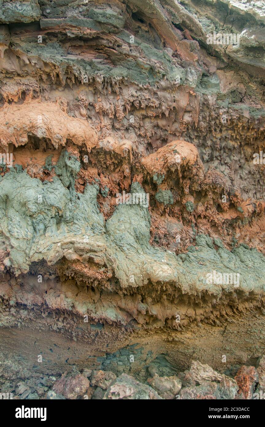 Layers of lava and volcanic ash in the Timanfaya National Park, a ...