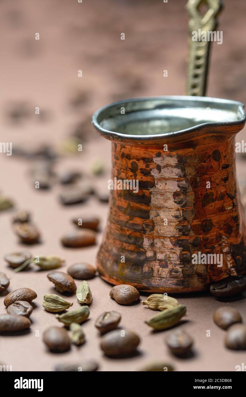 Copper pot for coffee close -up Stock Photo - Alamy