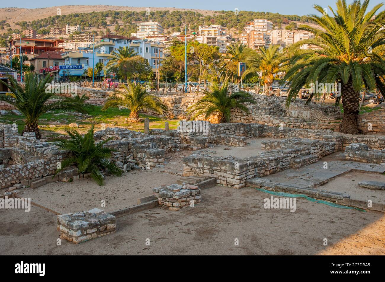 The ruins of an ancient basilica and synagogue in Saranda, is a coastal town in Albania Stock ...