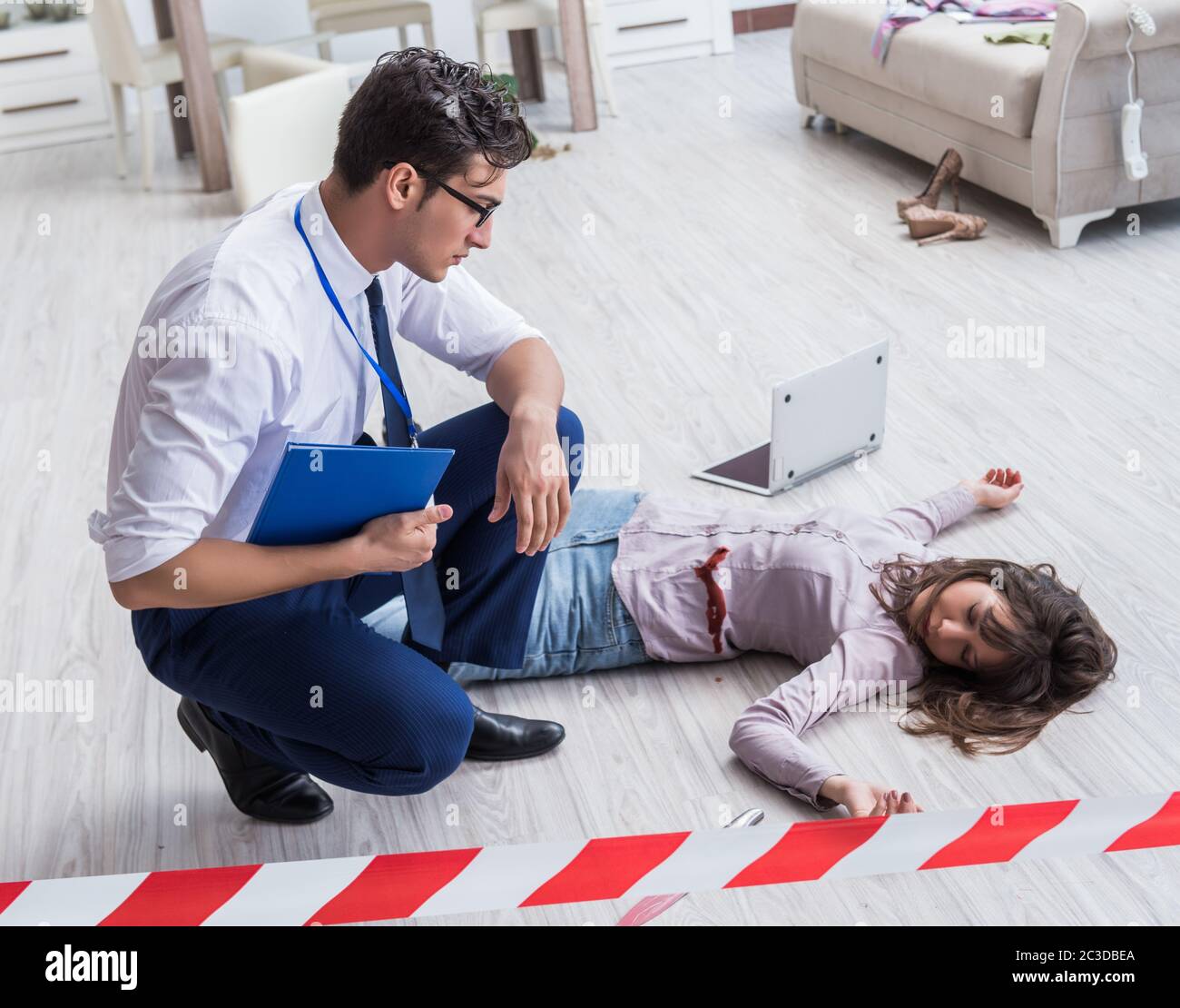 Forensic Investigator At The Crime Scene Investigating Woman Mur Stock