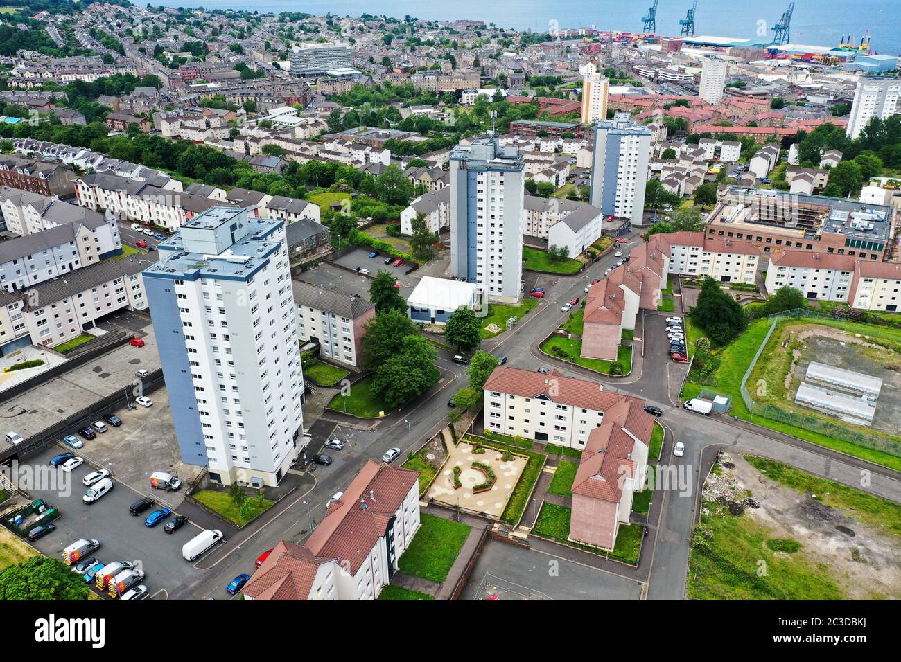 Aerial drone view of Broomhill housing development Greenock Inverclyde ...