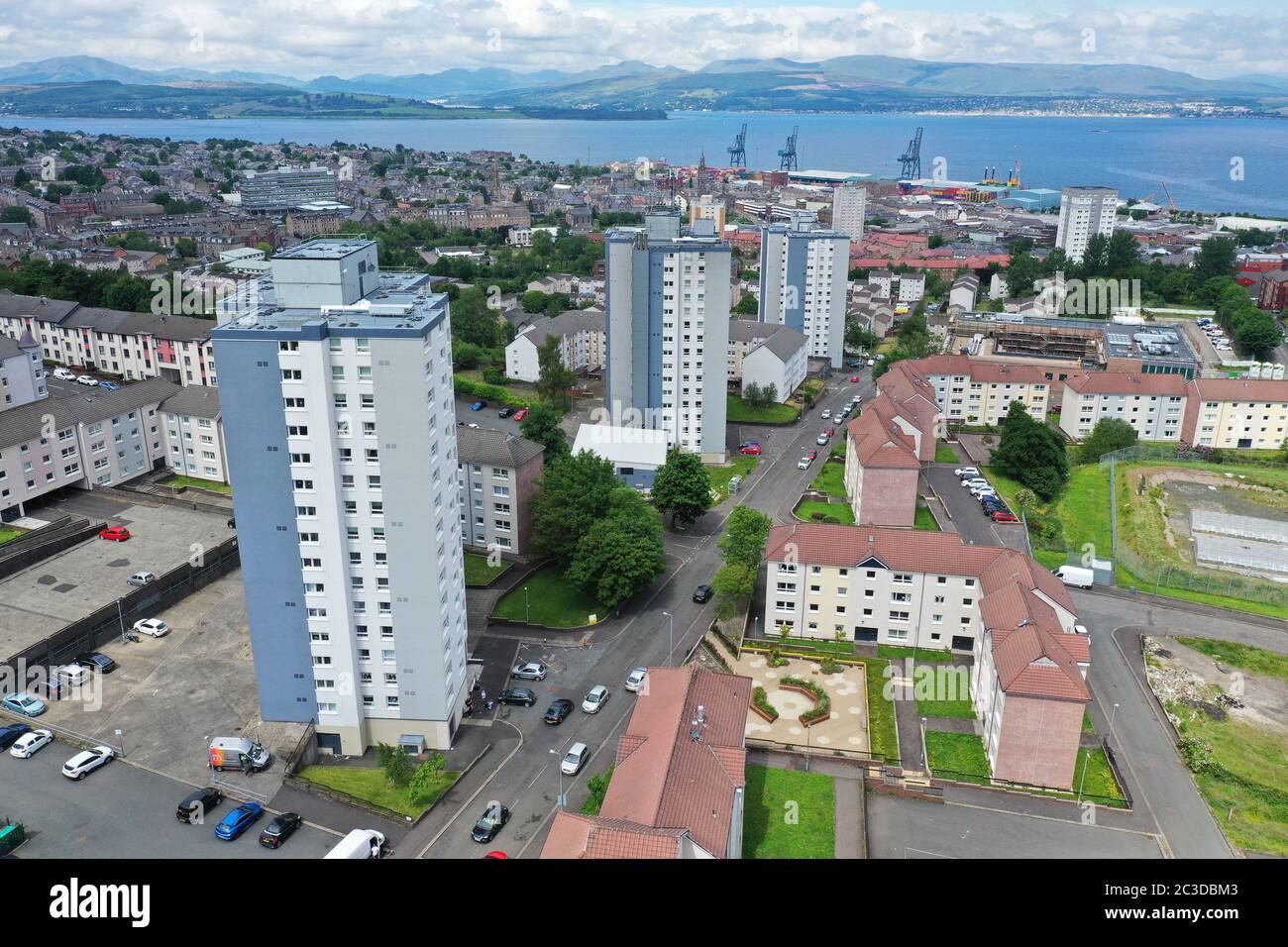 Aerial drone view of Broomhill housing development Greenock Inverclyde ...
