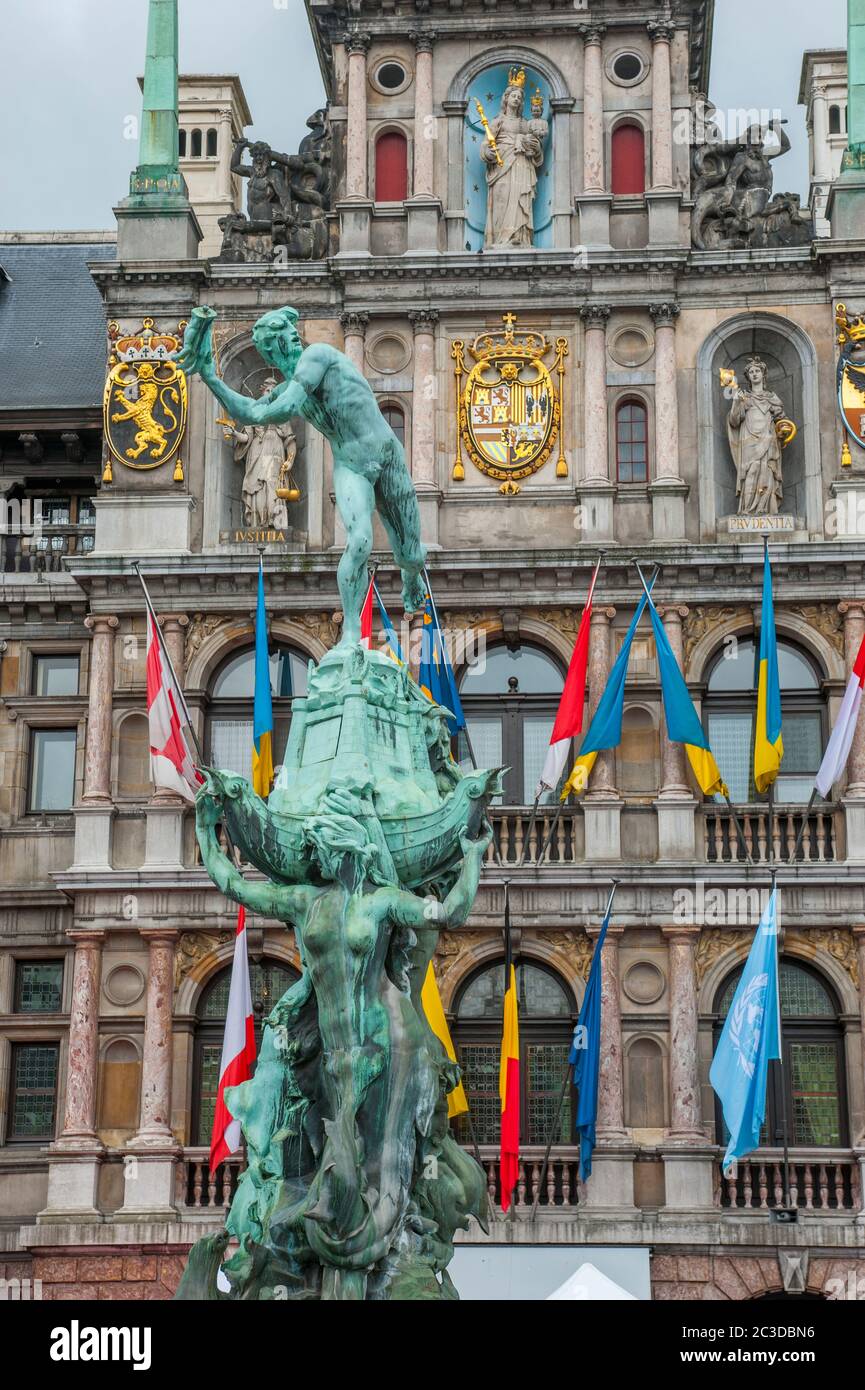The market square in Antwerp, Belgium, with the statue which shows the ...