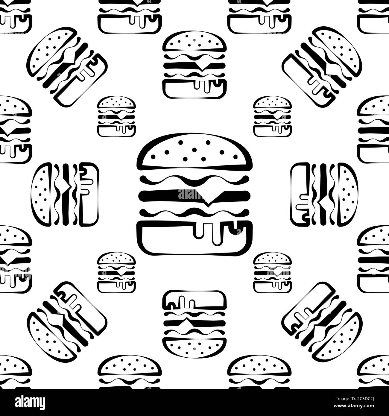 Burger Icon Seamless Pattern, Fast Food Burger Vector Art Illustration ...
