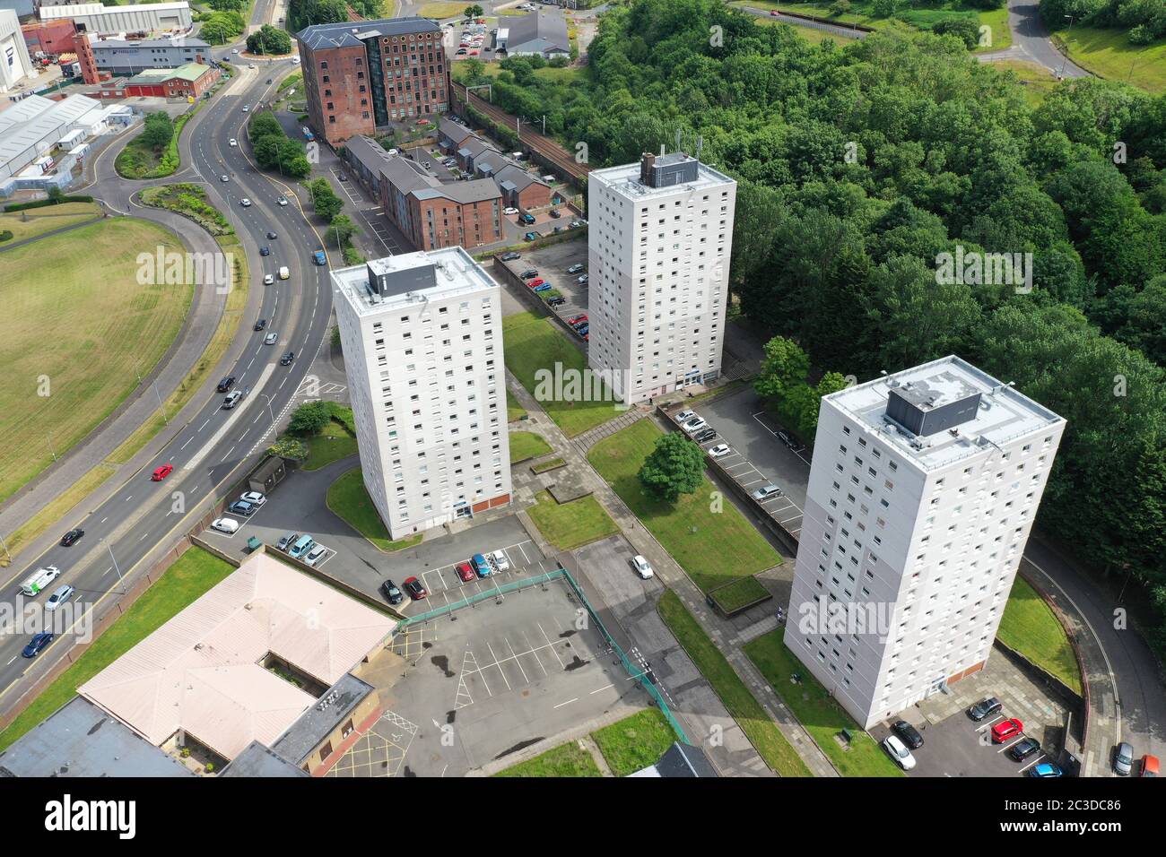 Aerial drone view of high rise tower blocks Port Glasgow Stock Photo ...