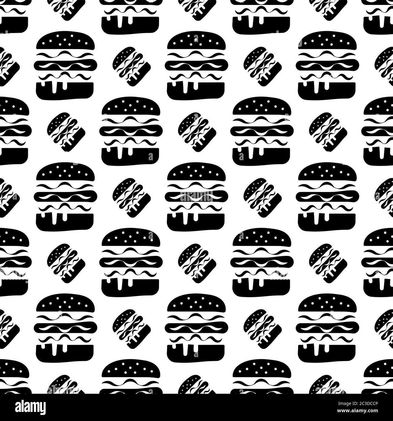 Burger Icon Seamless Pattern, Fast Food Burger Vector Art Illustration ...