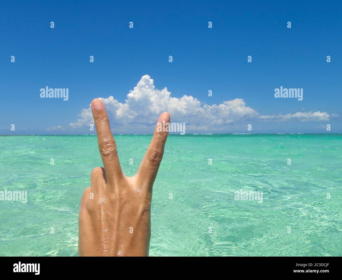 Hand of a white woman with peace sign, in the background the turquoise ...
